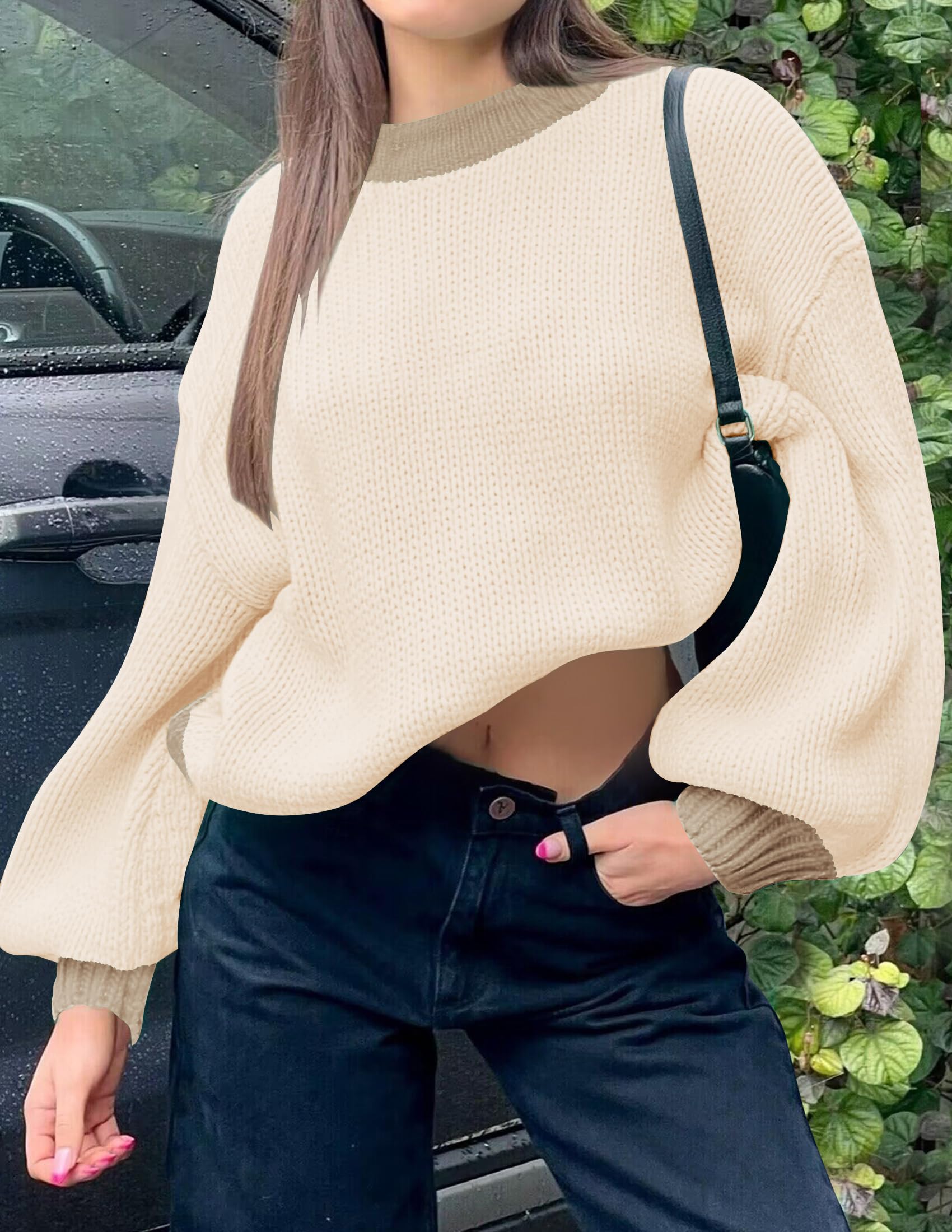 ZESICA Women's Casual Long Sleeve Crew Neck Pullover 2025 Spring Ribbed Knit Loose Contrast Color Sweater Tops,Apricot,Medium