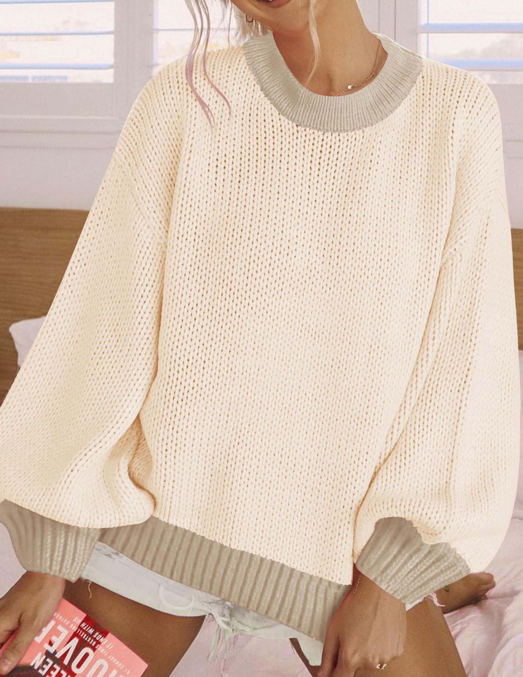 ZESICA Women's Casual Long Sleeve Crew Neck Pullover 2025 Spring Ribbed Knit Loose Contrast Color Sweater Tops,Apricot,Medium