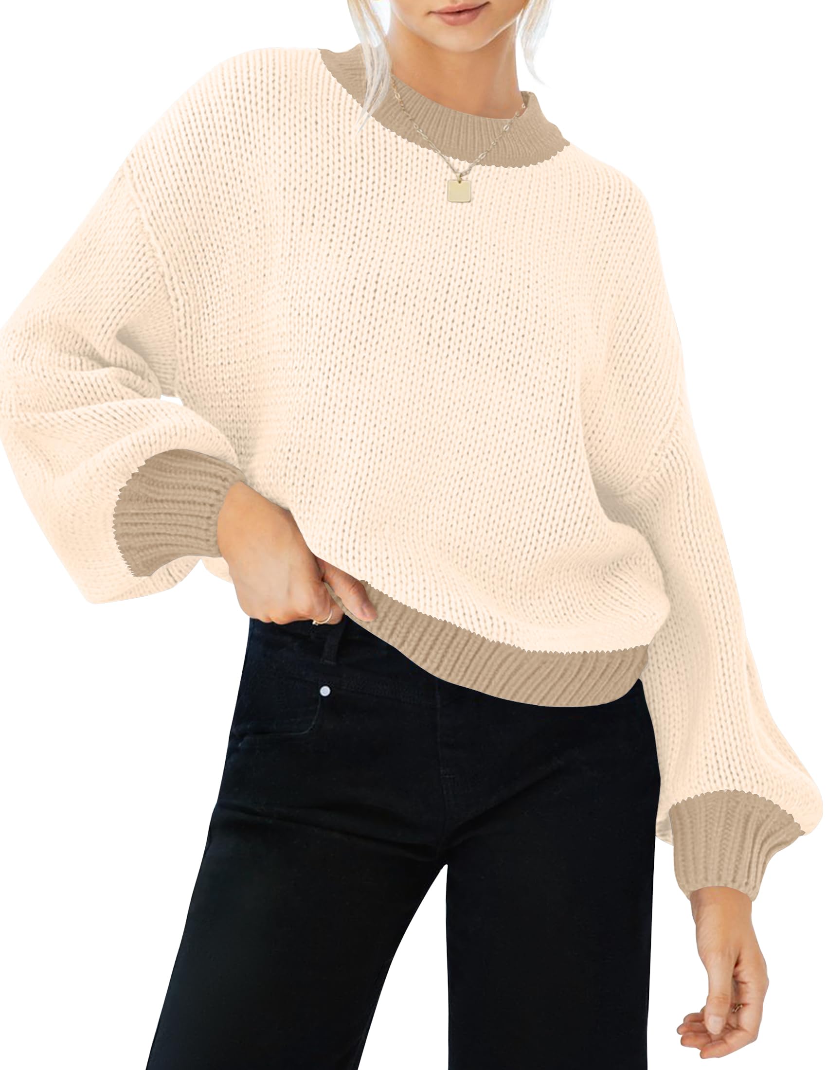 ZESICA Women's Casual Long Sleeve Crew Neck Pullover 2025 Spring Ribbed Knit Loose Contrast Color Sweater Tops,Apricot,Medium