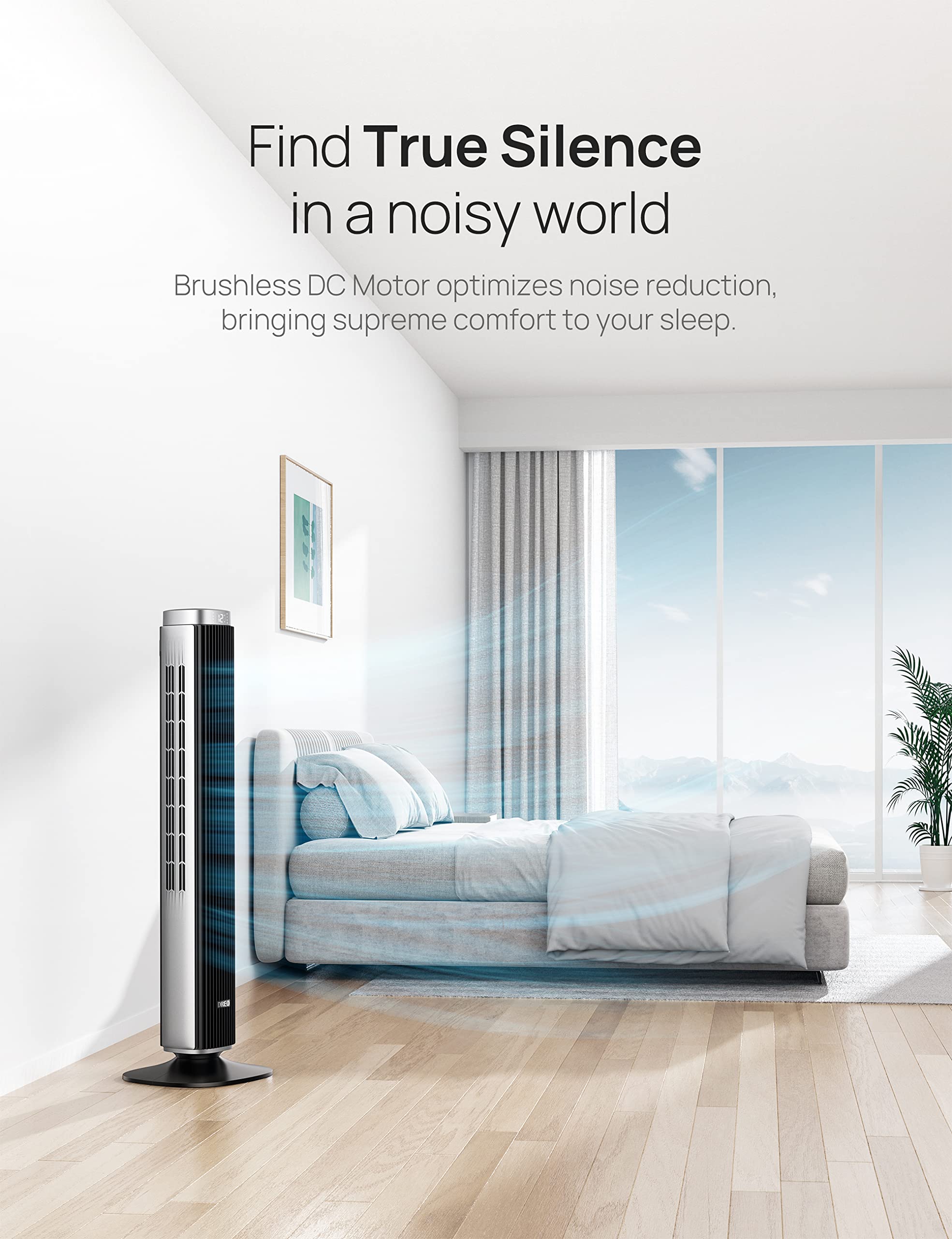 Dreo 42" Tower Fan for bedroom, 25 DB Quiet DC Bladeless Fans, 90° Oscillating Fan with Remote & Smart Tower Fans for Home, 90° Oscillating Fans for Indoors, 26ft/s Velocity Quiet