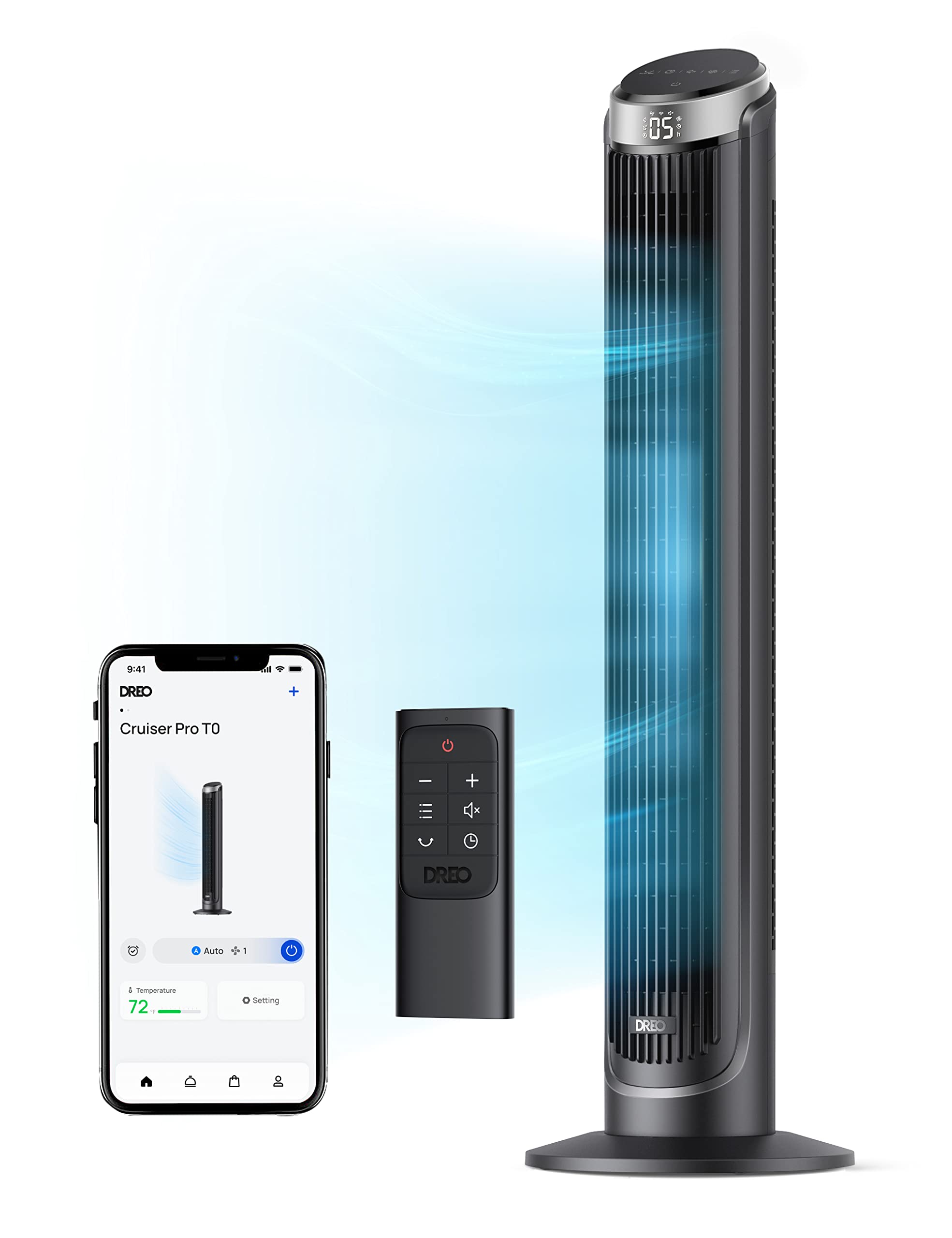 Dreo 42" Tower Fan for bedroom, 25 DB Quiet DC Bladeless Fans, 90° Oscillating Fan with Remote & Smart Tower Fans for Home, 90° Oscillating Fans for Indoors, 26ft/s Velocity Quiet