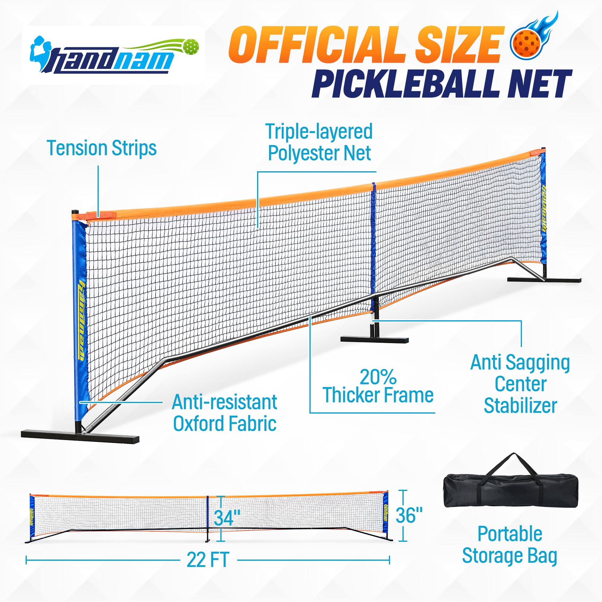 Premium Pickleball Net, 22FT Regulation Size Portable Pickleball Net, Pickle Ball Net System with Carrying Bag for Driveway Backyard Outdoor Indoor