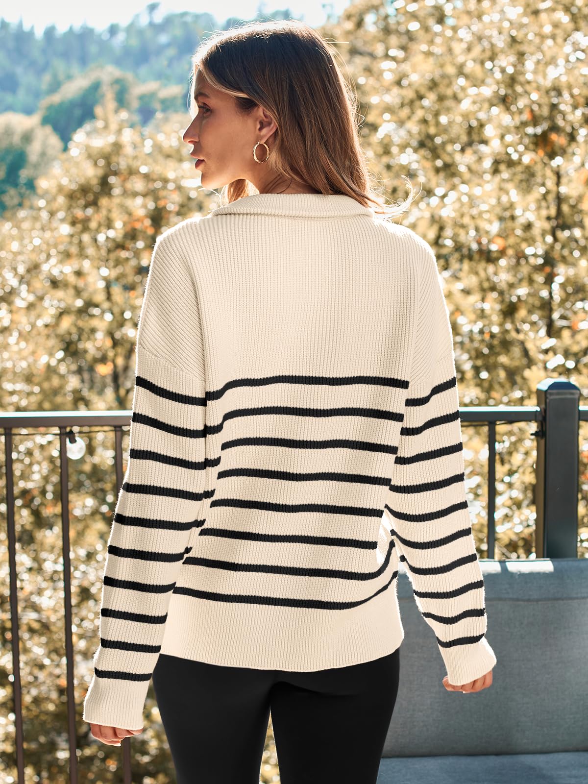 LILLUSORY Women's Quarter Zip Striped Oversized Sweater 2025 Mock Turtleneck Fall Fashion Outfit Apricot-Black M