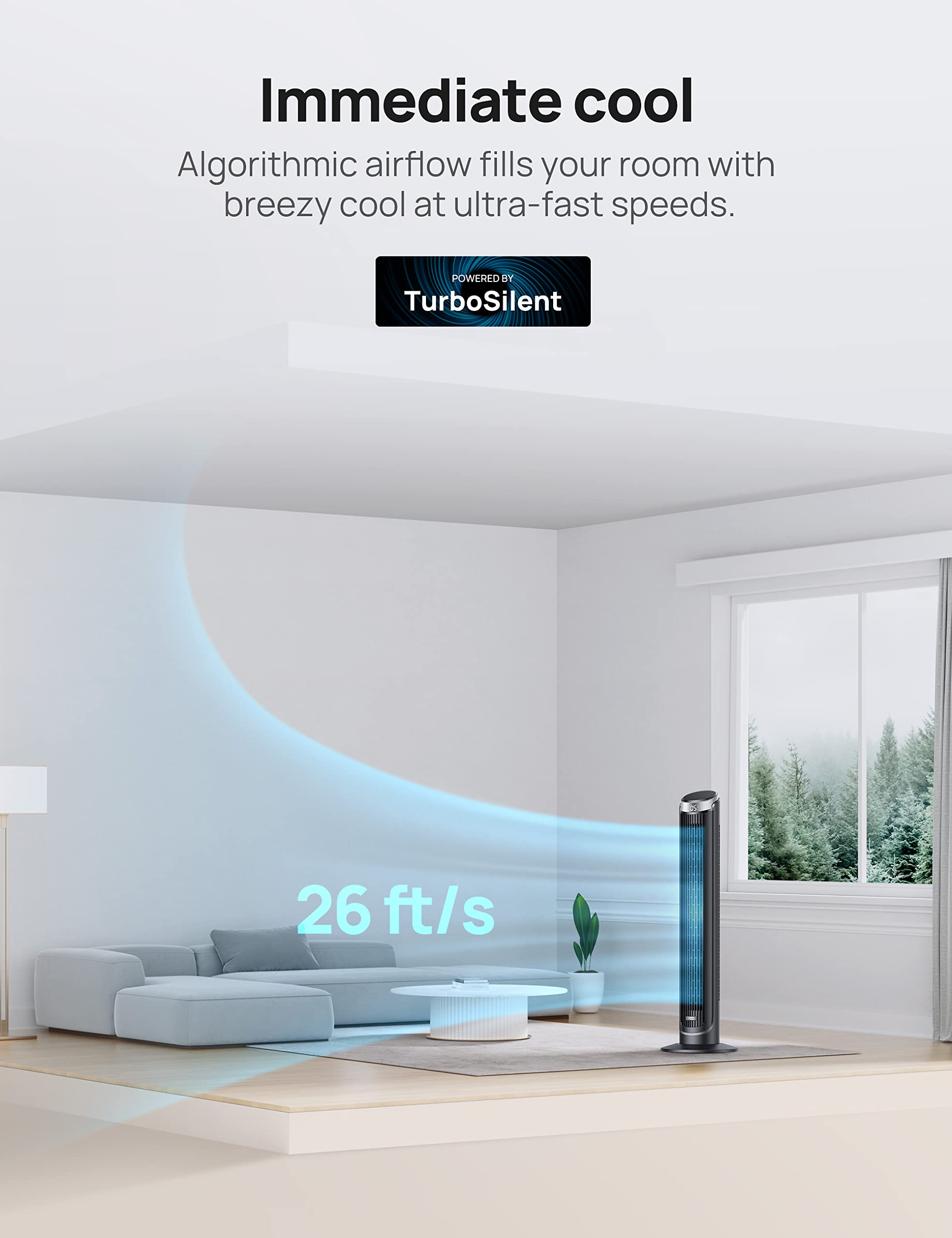Dreo 42" Tower Fan for bedroom, 25 DB Quiet DC Bladeless Fans, 90° Oscillating Fan with Remote & Smart Tower Fans for Home, 90° Oscillating Fans for Indoors, 26ft/s Velocity Quiet