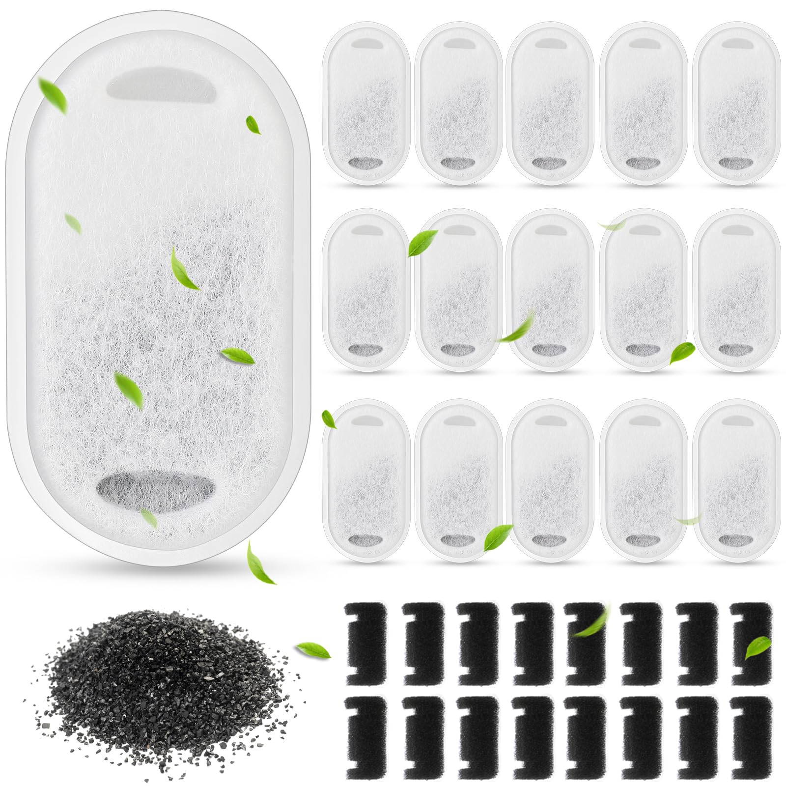 VIHOSE 32 Pack Cat Fountain Filters for Stainless Steel Pet Water Dispenser Fountain Filters, 16 Cat Fountain Filter Replacement with 16 Sponges, 67oz/2L Pet Fountain