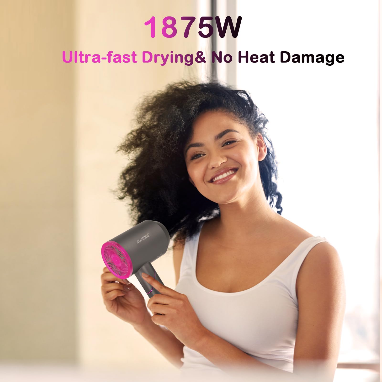 Hair Dryer with Diffuser 1850W Ionic Travel Blow Dryer Foldable Hair Dryer Fast Drying for Women Thick and Curly Hair Without Hair Damage