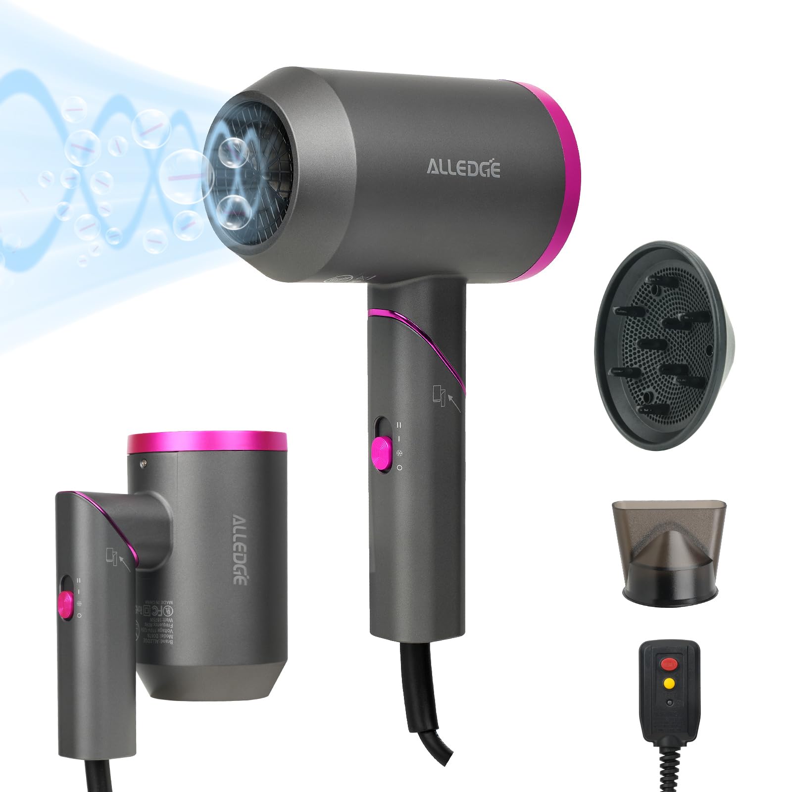 Hair Dryer with Diffuser 1850W Ionic Travel Blow Dryer Foldable Hair Dryer Fast Drying for Women Thick and Curly Hair Without Hair Damage