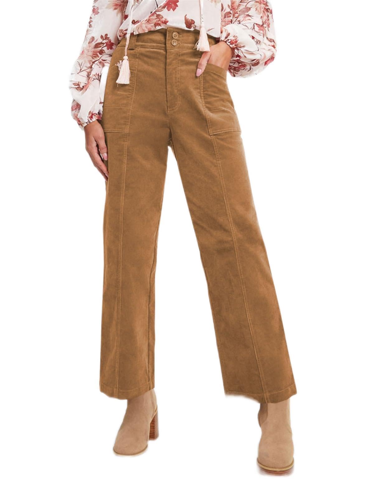 Acelitt Woman Casual Fall Corduroy Pants High Waisted Fashion Loose Straight Leg Pants Trousers Brown Medium