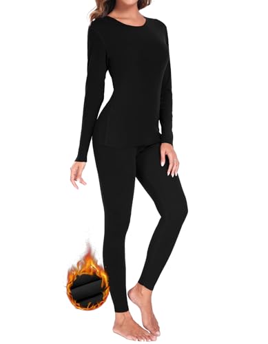 YADIFEN Thermal Underwear for Women Long Johns Sets Base Layer Fleece Lined Long Underwear Pajamas Winter Warm Top Bottom Black