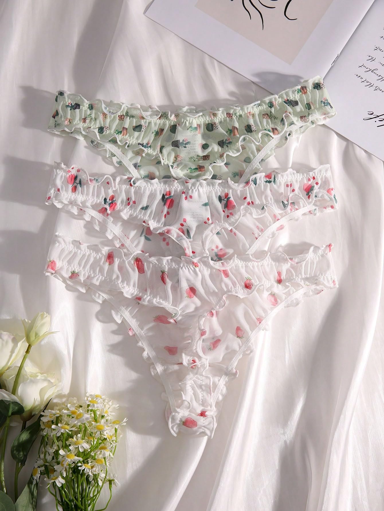 SHENHE Women's 3 Packs Sheer Mesh Lettuce Trim Cute Thong Mid Rise Panties Multicolor S
