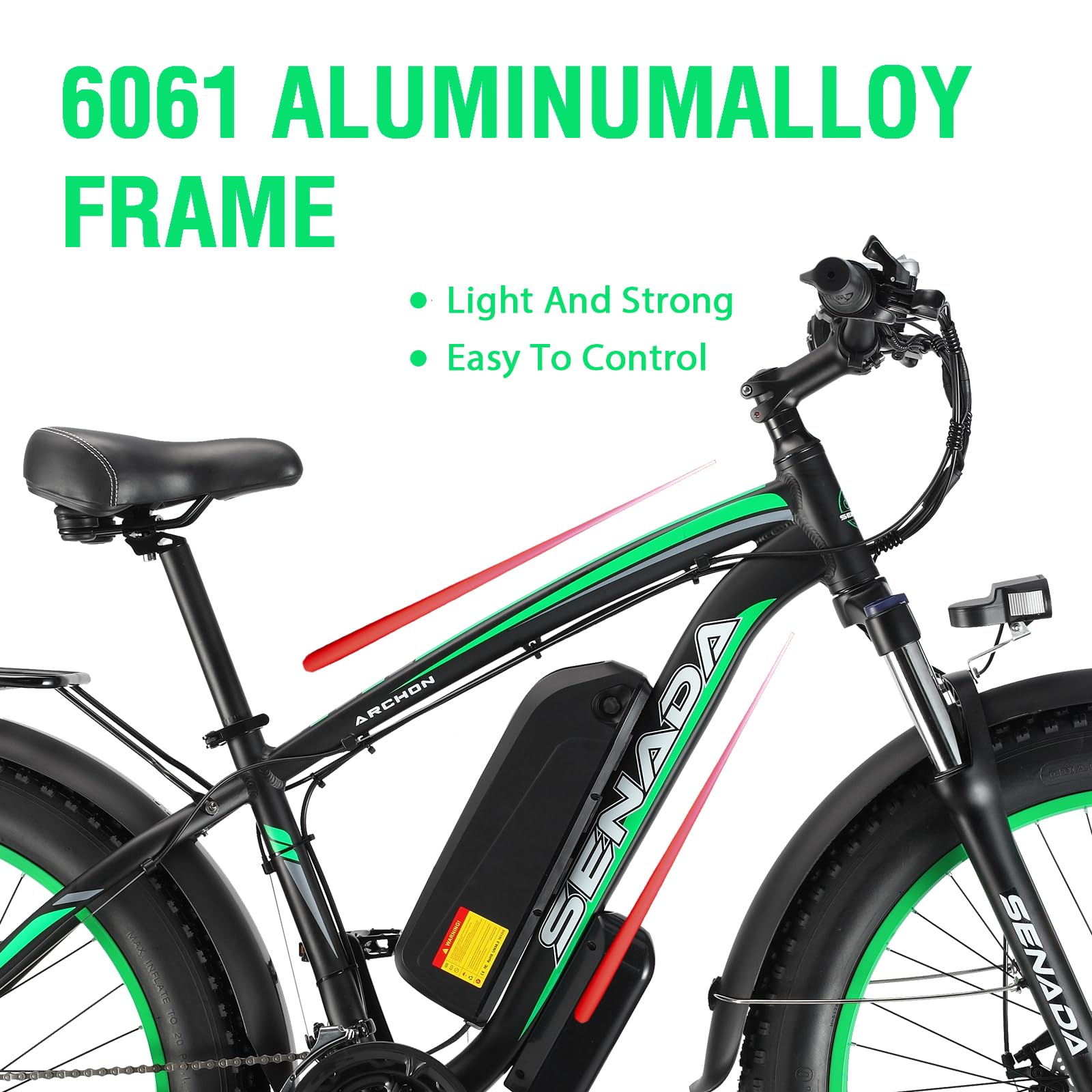 SENADA 26" Fat Tire Electric Bike for Adults, 840Wh Mountain Ebike with USB Interface Removable Battery, Adult Electric Bicycle with Colorful LCD Display & 7 Speed (with Phone Mount, Black Green)