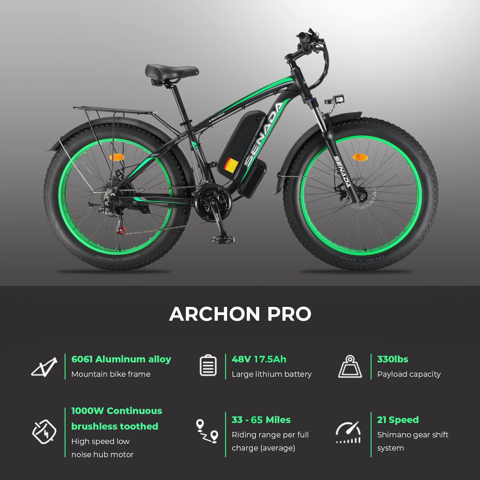 SENADA 26" Fat Tire Electric Bike for Adults, 840Wh Mountain Ebike with USB Interface Removable Battery, Adult Electric Bicycle with Colorful LCD Display & 7 Speed (with Phone Mount, Black Green)