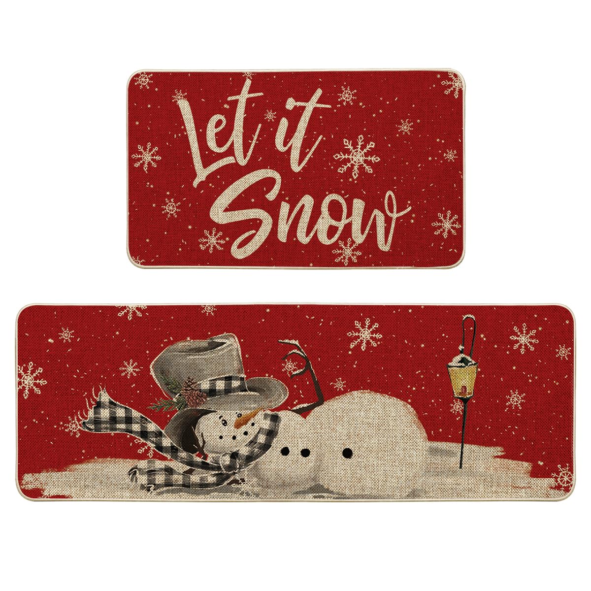 Artoid Mode Red Let It Snow Snowflake Snowman Winter Kitchen Mats Set of 2, Christmas Decor Low-Profile Kitchen Rugs for Floor - 17x29 and 17x47 Inch