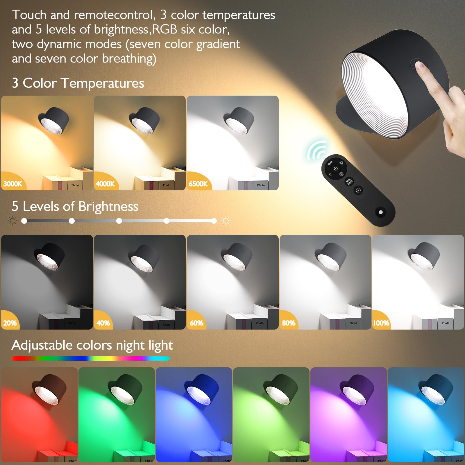 Okelon USB Rechargeable Wall Mounted LED Lamp Sconce with 3 Color Temperatures & 5 Light Brightness Levels,360° Rotatable Magnetic Ball & Remote Control for Reading Study Bedside