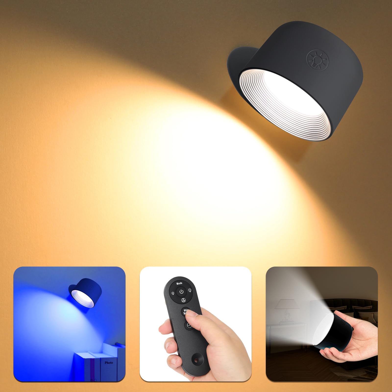 Okelon USB Rechargeable Wall Mounted LED Lamp Sconce with 3 Color Temperatures & 5 Light Brightness Levels,360° Rotatable Magnetic Ball & Remote Control for Reading Study Bedside