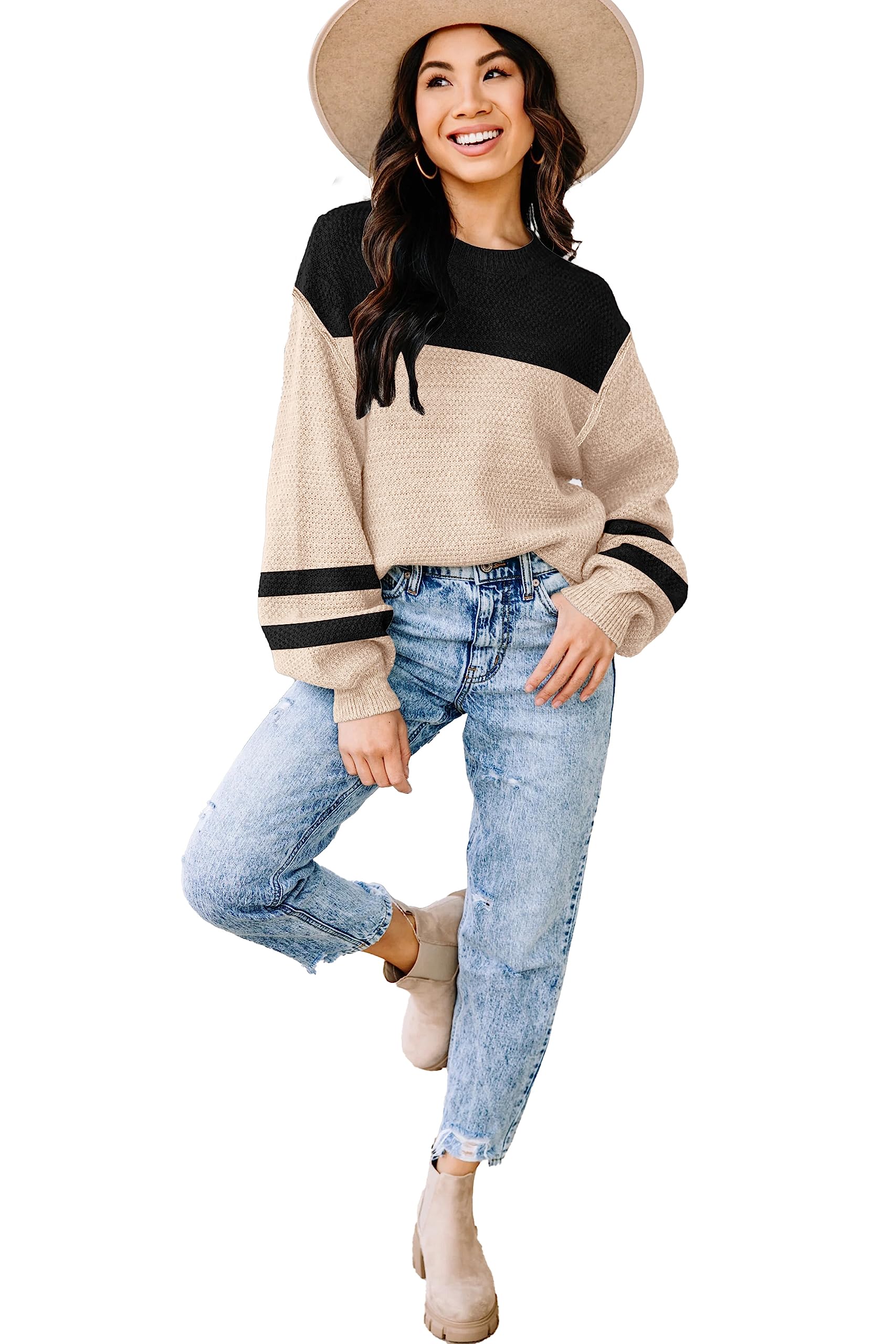 Womens Sweaters Fall 2025 Fashion Long Sleeve Color Block Oversized Sweater Trendy Casual Crew Neck Knitted Tops Pullover,Double Khaki,Medium