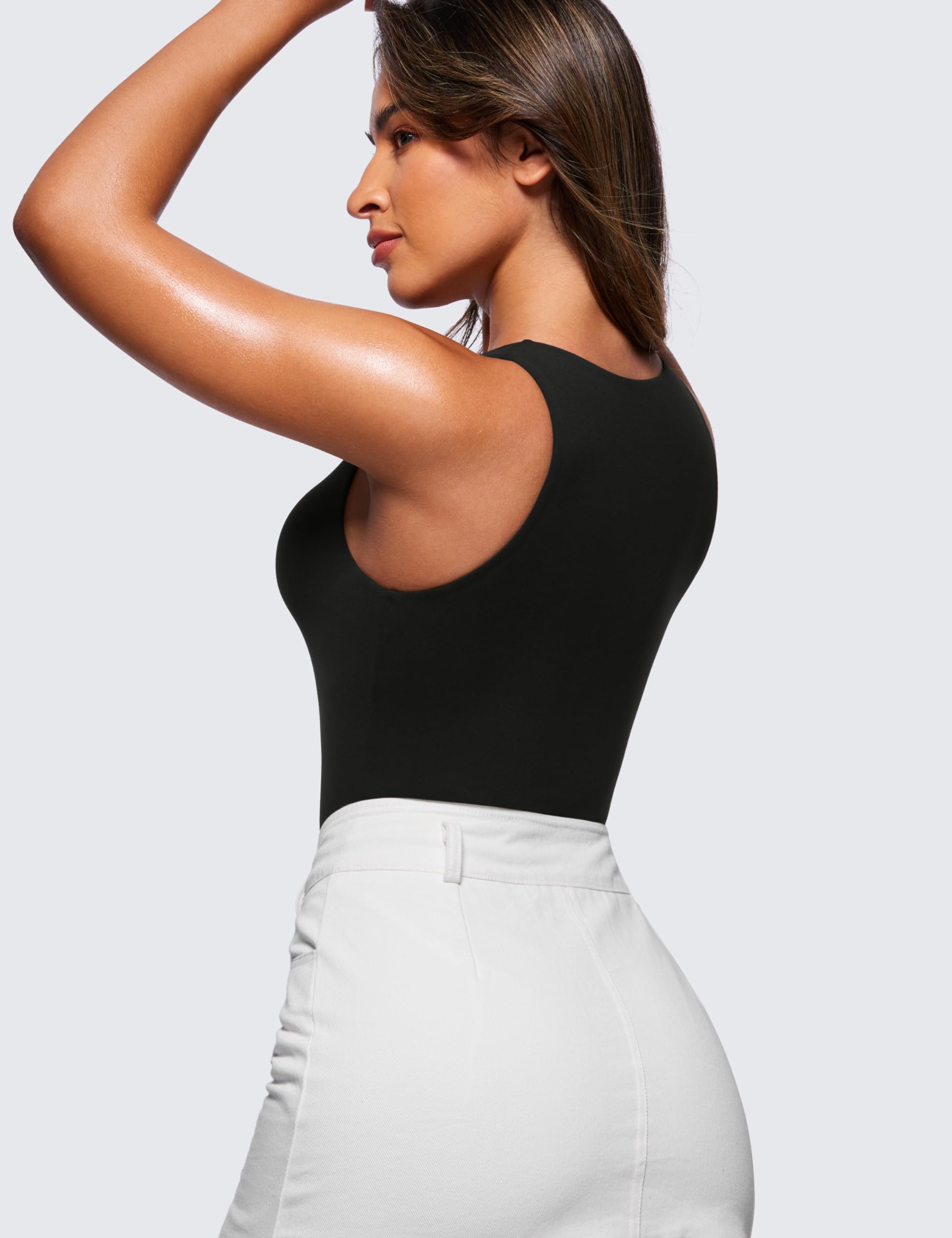 CRZ YOGA Butterluxe Sleeveless Bodysuit for Women High Neck Double Lined Sexy Tank Tops Racerback Thong Jumpsuits Black Medium