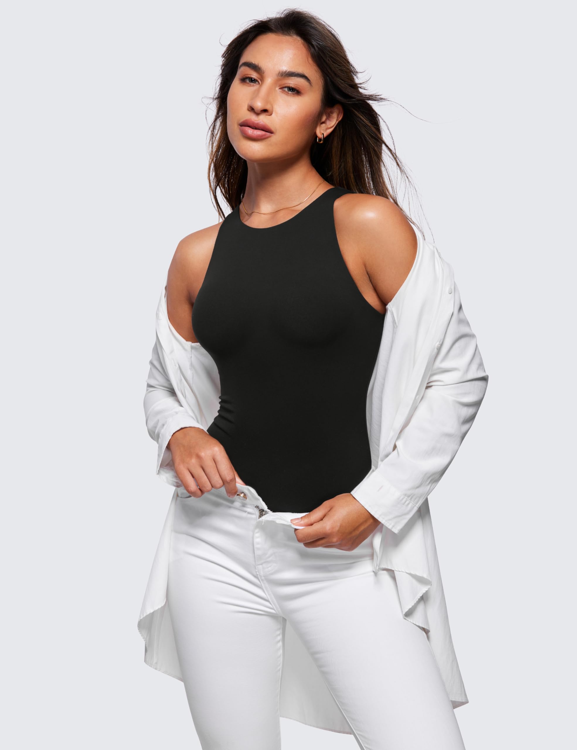 CRZ YOGA Butterluxe Sleeveless Bodysuit for Women High Neck Double Lined Sexy Tank Tops Racerback Thong Jumpsuits Black Medium