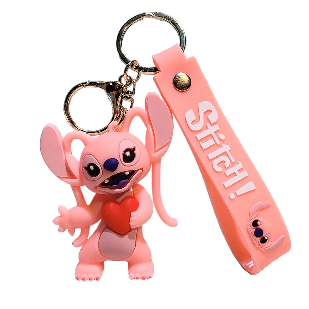 feimeng jewelry Anime Cute Stitch Silicone Keychain, PVC Pendant Key Chain Ring Holder Wristlet Accessories for Kids Gifts (Angel - Love)