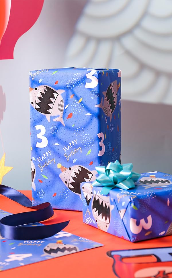 LeZakaa 3rd Birthday Wrapping Paper Sheets - Sharks with Birthday Hat Design - Perfect for Boys, Girls, Kids - 27.5 x 19.6 inches - 6 Sheets (22.4 sq.ft.ttl.)