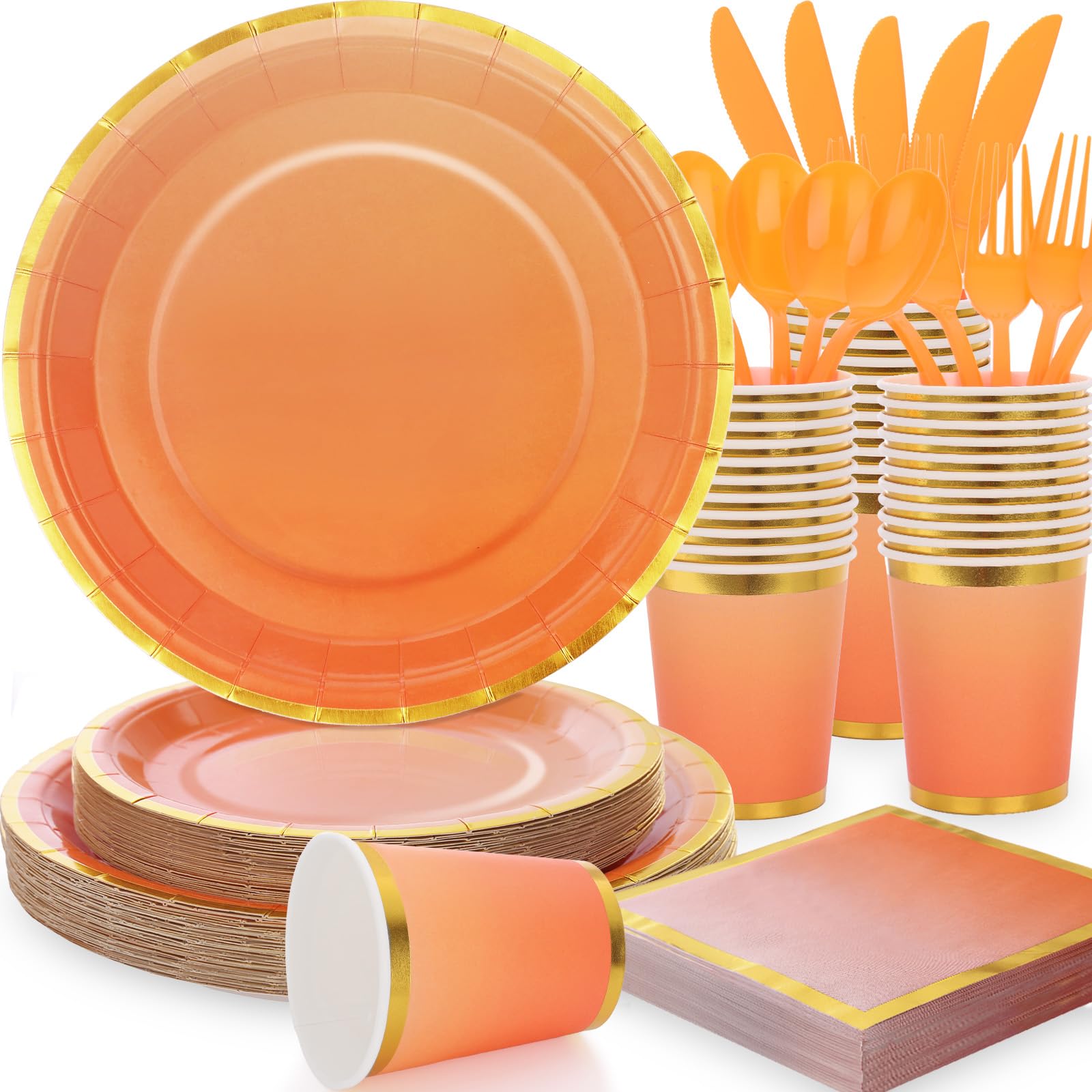 Gudvilla Orange Party Decorations, 168Pcs Orange Paper Plates and Napkins Party Supplies, Fall Paper Plates Serve 24, for Birthday Graduation Fall Thanksgving