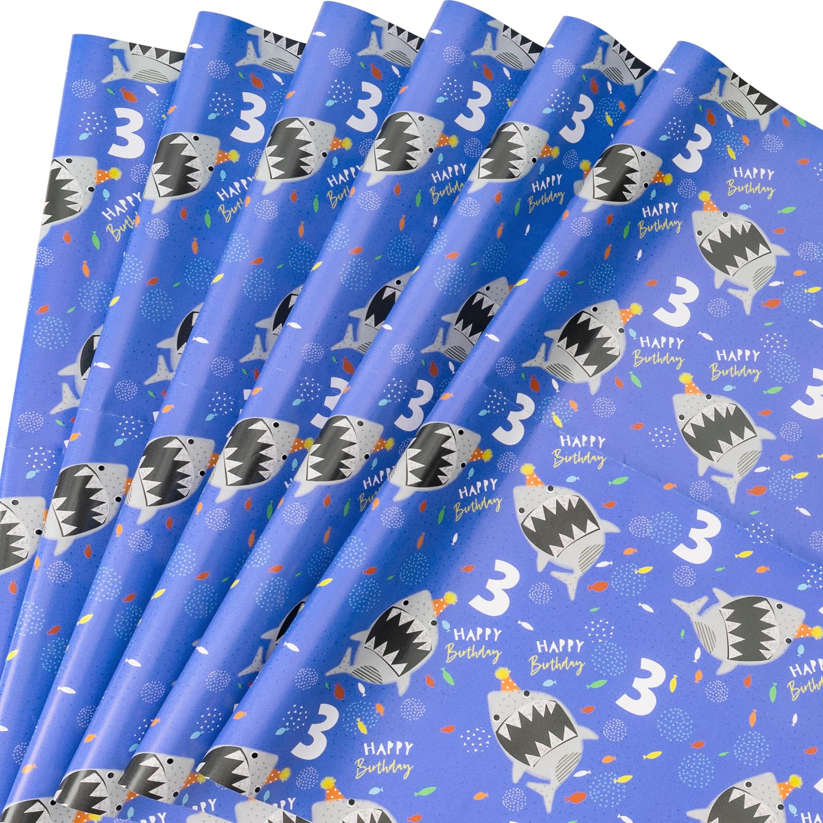 LeZakaa 3rd Birthday Wrapping Paper Sheets - Sharks with Birthday Hat Design - Perfect for Boys, Girls, Kids - 27.5 x 19.6 inches - 6 Sheets (22.4 sq.ft.ttl.)
