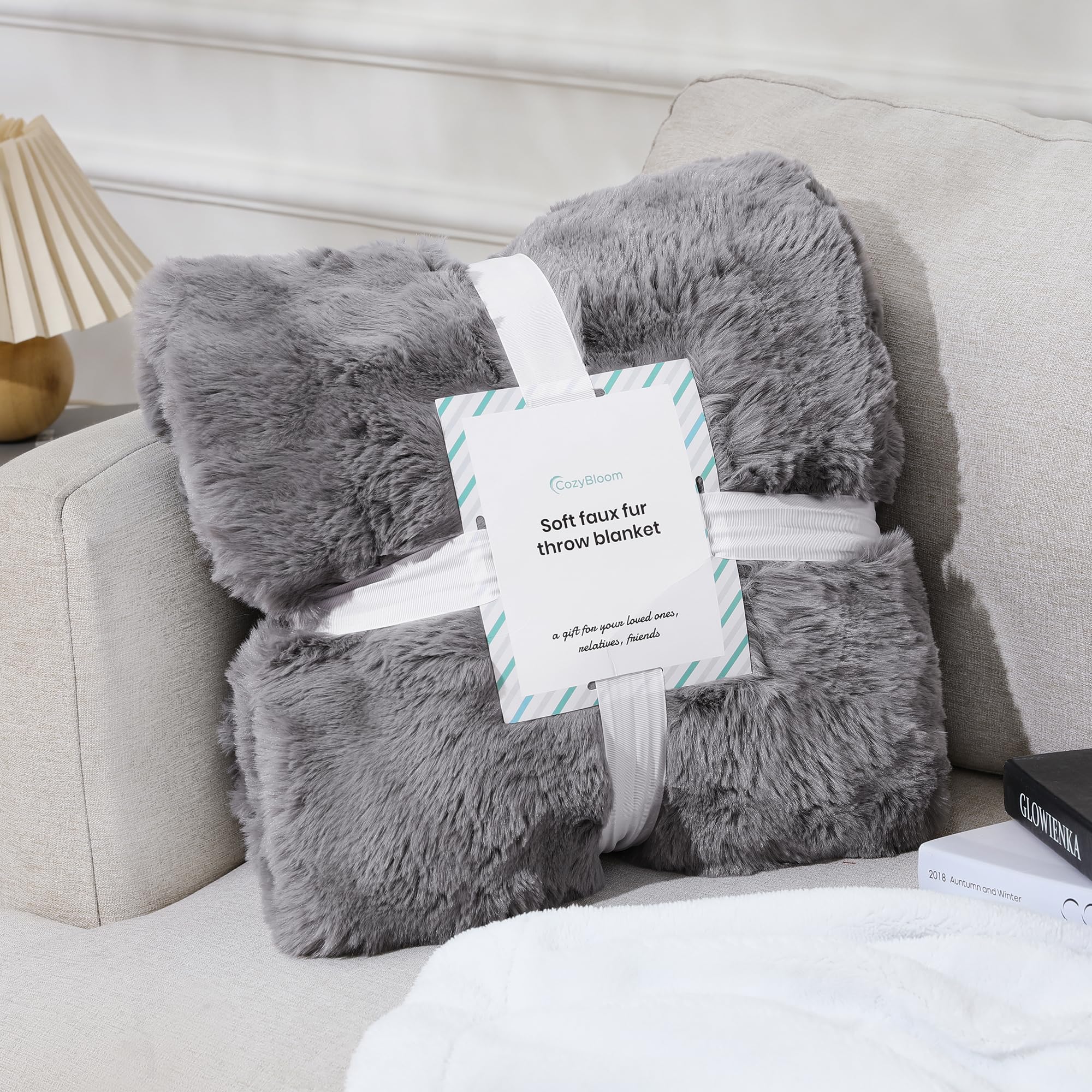 CozyBloom Luxury Soft FauxFur Throw Blanket for Couch,Decorative Cozy Plush Long Shaggy Fluffy Blanket,Grey Solid Comfy Fleece Furry Blanket,Reversible Puffy Thick Warm Blanket,50''X60''(JF003)
