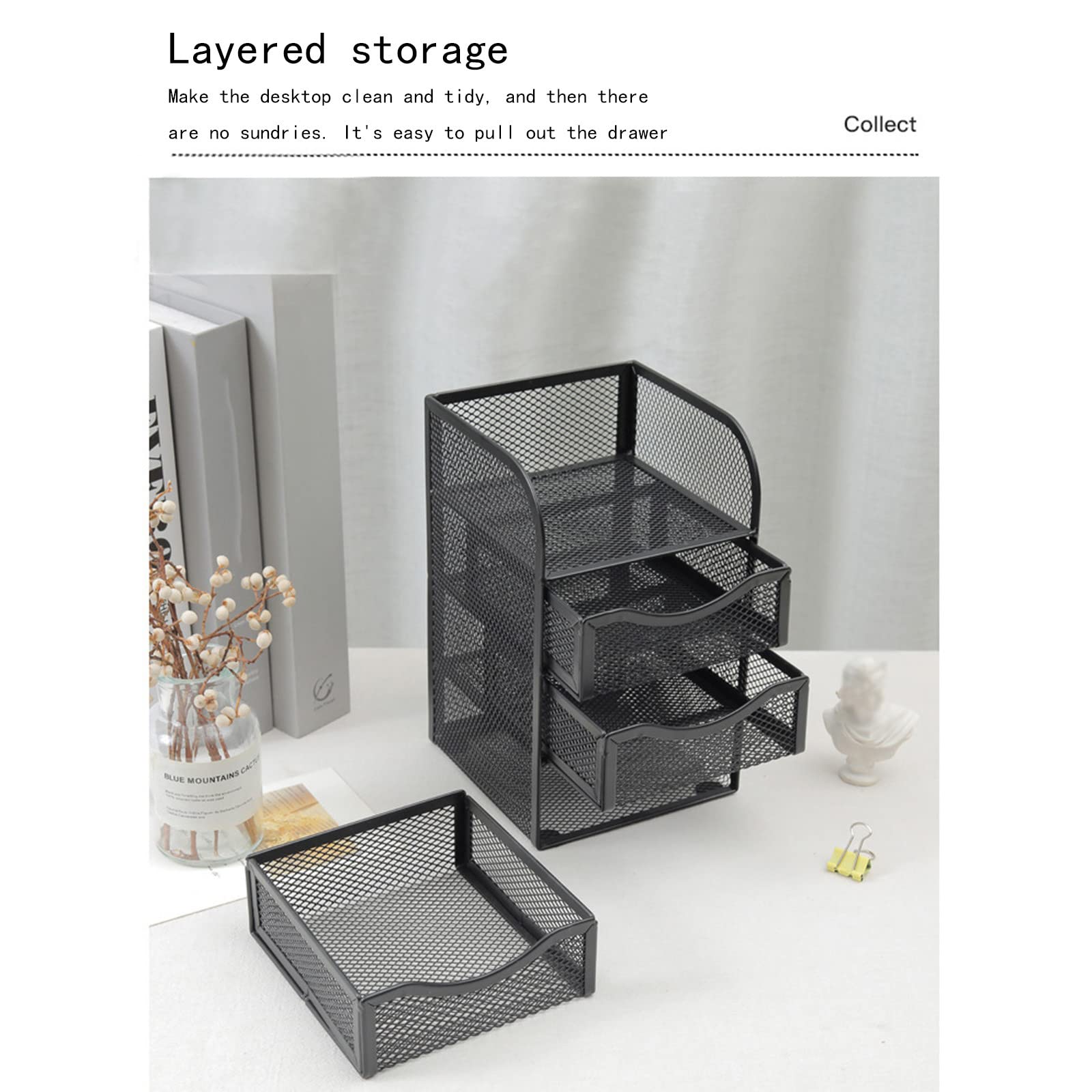 Lovskoo Mesh Desk Organizer with 3 Drawers - Office Desk Accessories & Workspace Organizer - Black