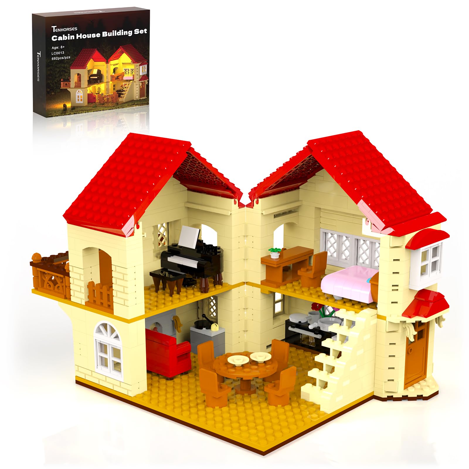Tenhorses Cabin House Building Set, Cozy Log Country Home with Lighting Kit, Home Decor Creative DIY Birthday Toy Gifts for Girls or Adults (692pcs)