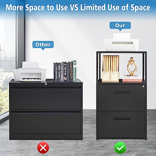 BYNSOE 2 Drawer Lateral File Cabinet with Shelving Metal Filing Cabinet with Lock Office Home File Cabinet for A4 Legal/Letter,Assembly Required (Black, 2 Drawers with Shelving)