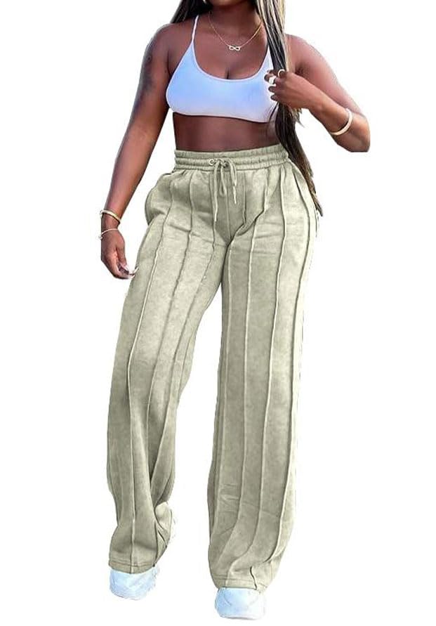 PINSV Women's Casual Wide Leg Pants High Waisted Drawstring Baggy Sweatpants Elastic Straight Leg Trousers Pull On Lounge Pants Grey 722 XL