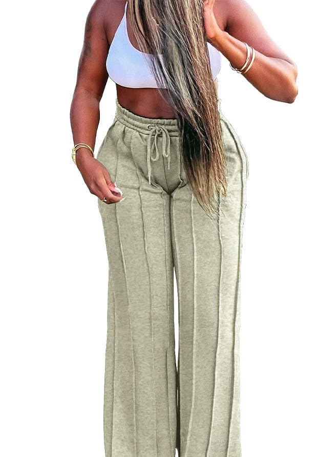 PINSV Women's Casual Wide Leg Pants High Waisted Drawstring Baggy Sweatpants Elastic Straight Leg Trousers Pull On Lounge Pants Grey 722 XL