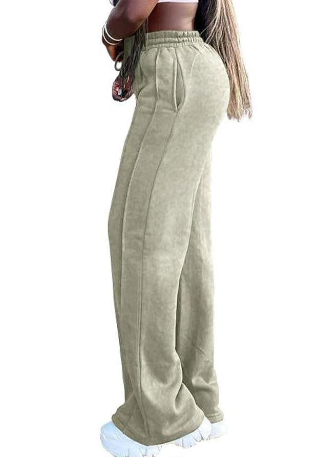 PINSV Women's Casual Wide Leg Pants High Waisted Drawstring Baggy Sweatpants Elastic Straight Leg Trousers Pull On Lounge Pants Grey 722 XL