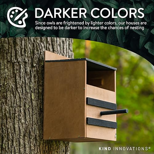 Kind Innovations Owl House DIY Easy Build Kit Owl Nesting Boxes Owl w/Perch Box for Outside Screech Owl Nesting Box Barn Owl bat Houses for Outdoors Owls Nest Squirrel Nesting Box (Flat Roof)