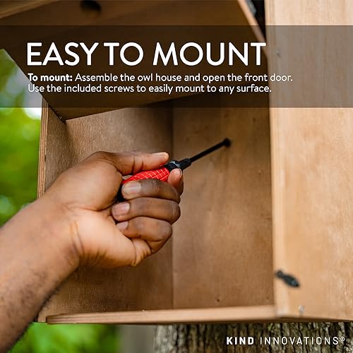 Kind Innovations Owl House DIY Easy Build Kit Owl Nesting Boxes Owl w/Perch Box for Outside Screech Owl Nesting Box Barn Owl bat Houses for Outdoors Owls Nest Squirrel Nesting Box (Flat Roof)