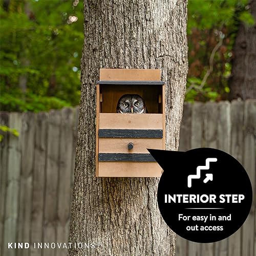 Kind Innovations Owl House DIY Easy Build Kit Owl Nesting Boxes Owl w/Perch Box for Outside Screech Owl Nesting Box Barn Owl bat Houses for Outdoors Owls Nest Squirrel Nesting Box (Flat Roof)
