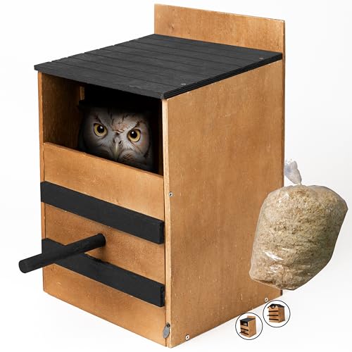 Kind Innovations Owl House DIY Easy Build Kit Owl Nesting Boxes Owl w/Perch Box for Outside Screech Owl Nesting Box Barn Owl bat Houses for Outdoors Owls Nest Squirrel Nesting Box (Flat Roof)