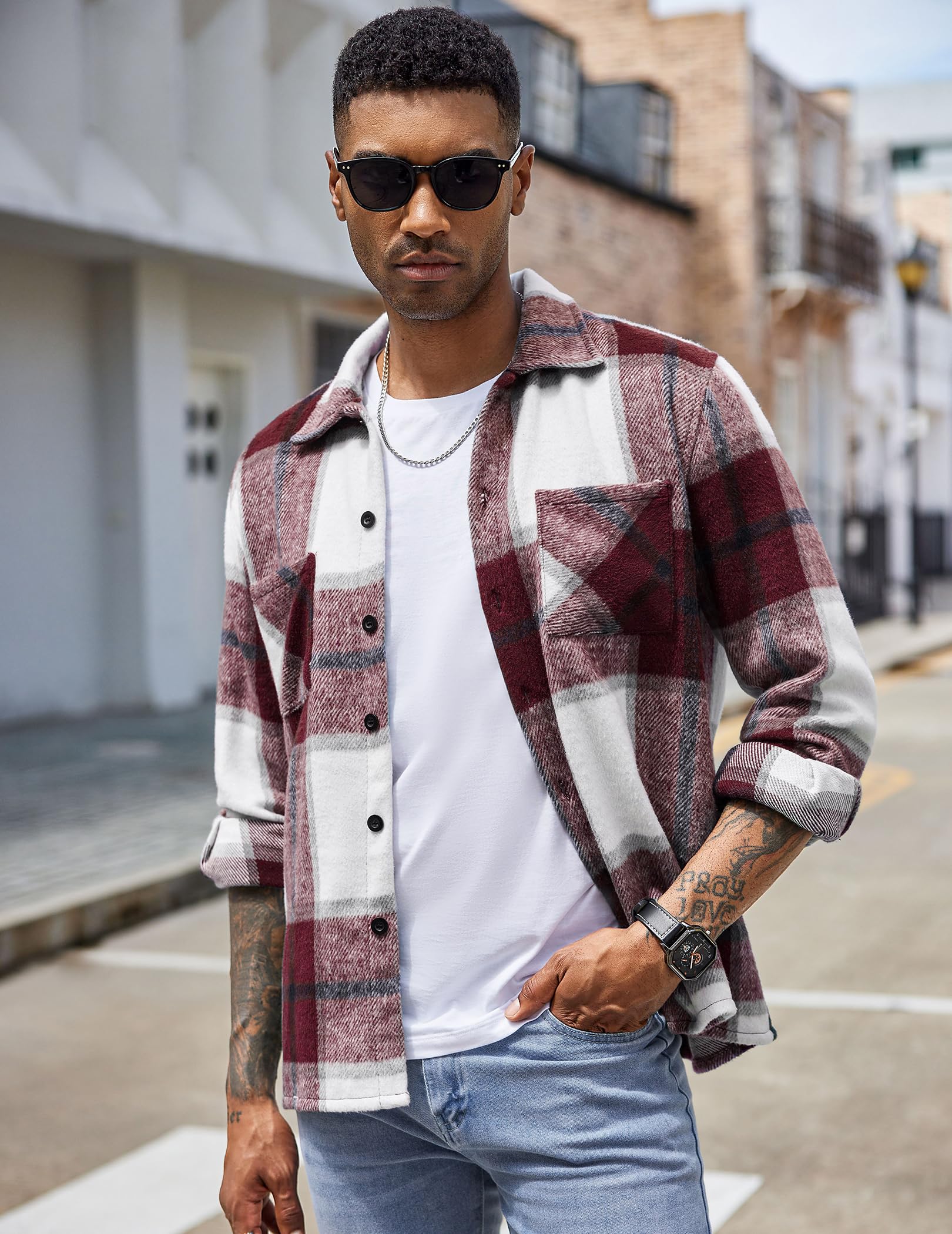 COOFANDY Men's Long Sleeve Flannel Shirt Jacket Button Up Fleece Plaid Shirt Lightweight Winter Shirts
