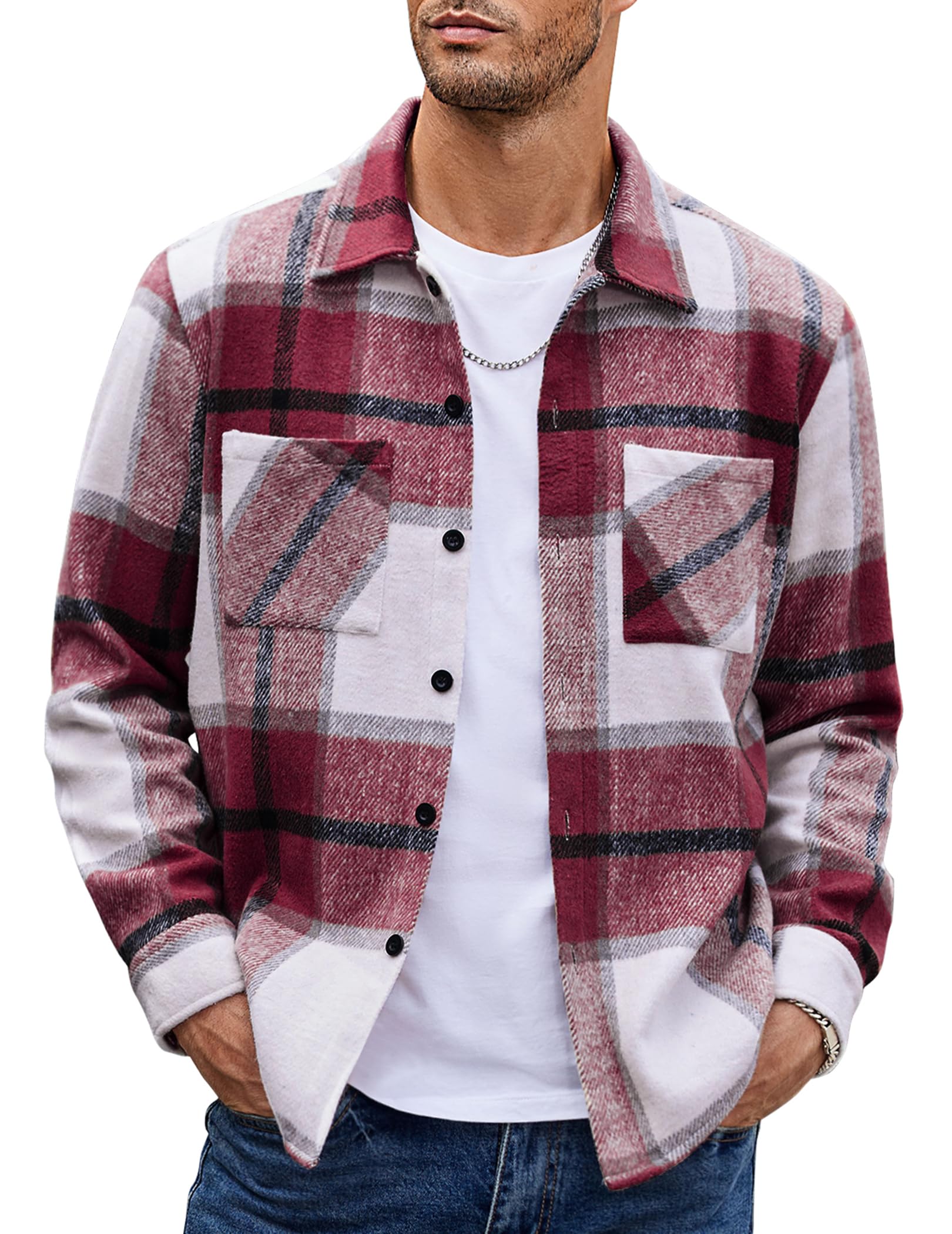 COOFANDY Men's Long Sleeve Flannel Shirt Jacket Button Up Fleece Plaid Shirt Lightweight Winter Shirts