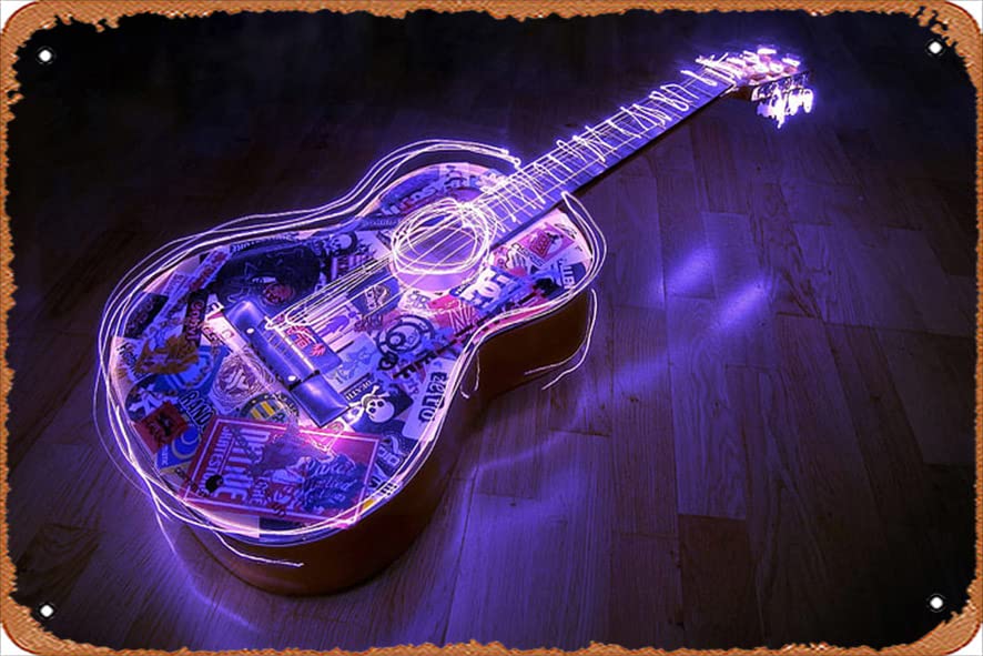 Cloxks - Black and blue dreadnought acoustic guitar, neon, musical instrument Vintage Poster 8x12 Inches Retro Vintage Metal Tin Sign for Home Bar Pub Garage Decor Gifts