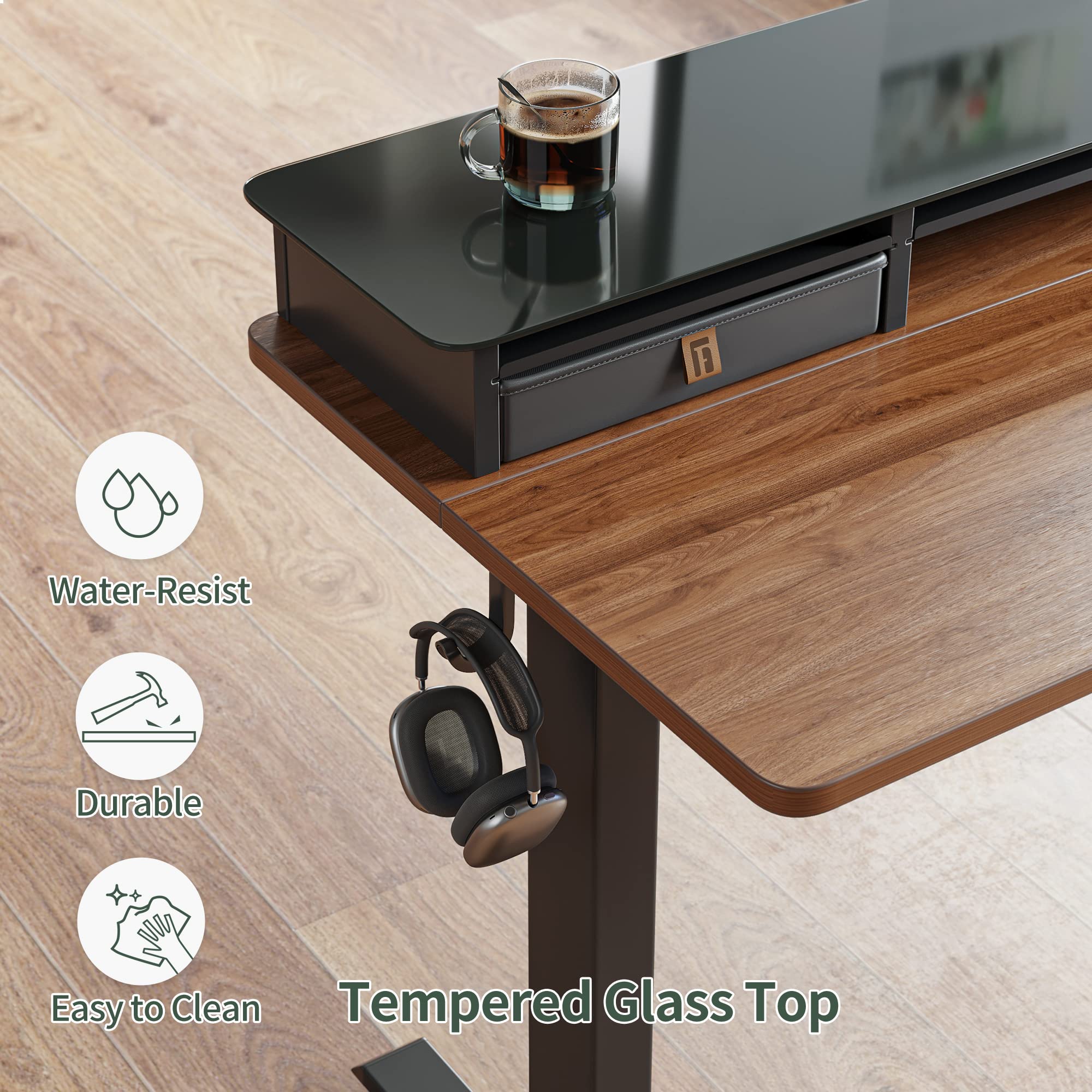 FEZIBO Electric Standing Desk with Glass Top Monitor Stand, 55 x 26 Inch with File Cabinet