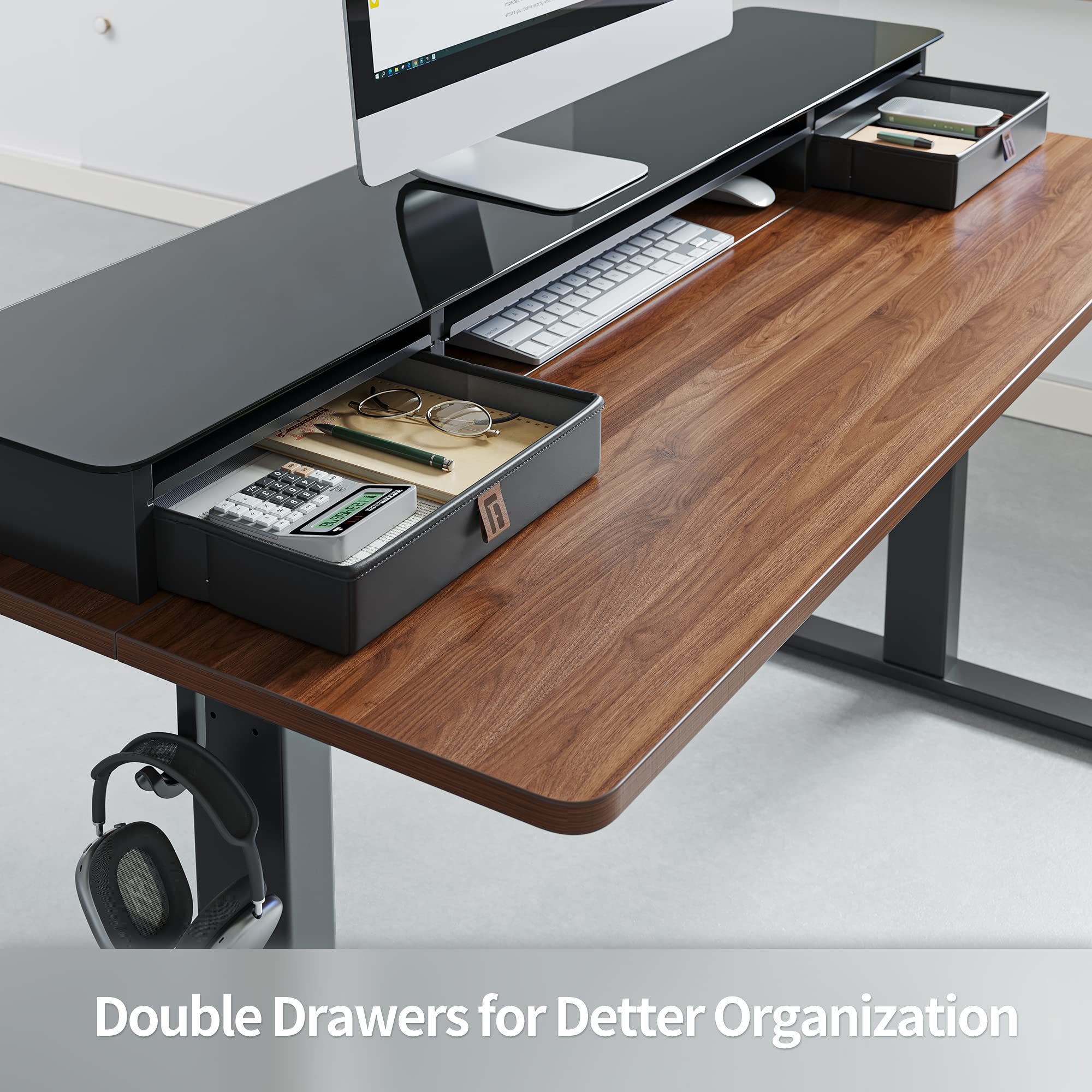 FEZIBO Electric Standing Desk with Glass Top Monitor Stand, 55 x 26 Inch with File Cabinet