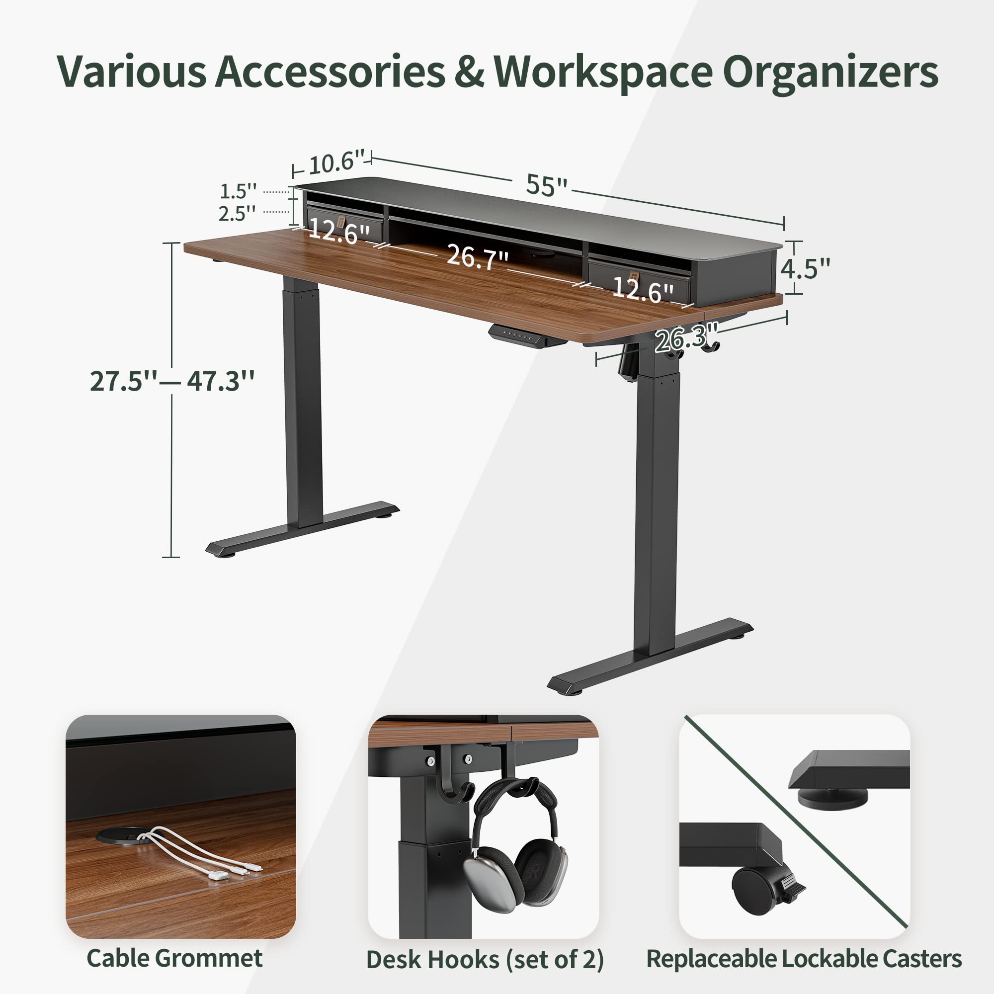 FEZIBO Electric Standing Desk with Glass Top Monitor Stand, 55 x 26 Inch with File Cabinet