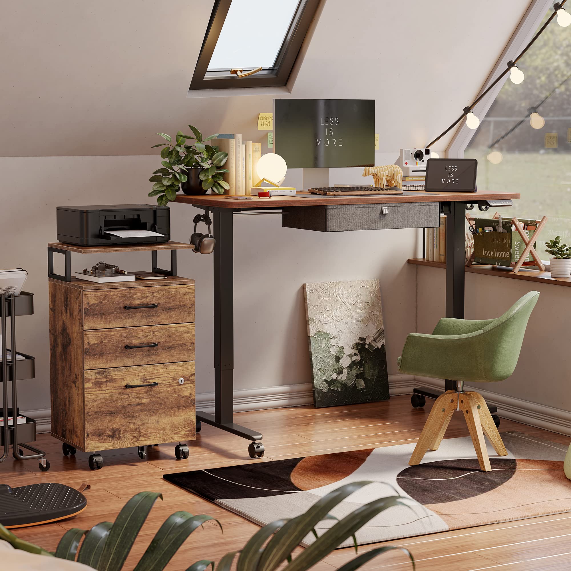 FEZIBO Electric Standing Desk with Glass Top Monitor Stand, 55 x 26 Inch with File Cabinet