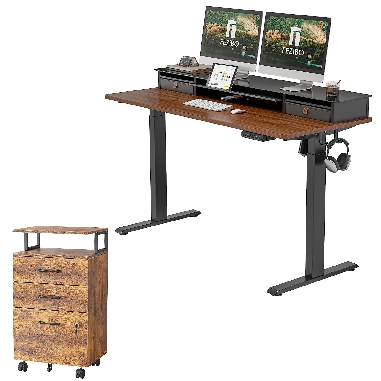 FEZIBO Electric Standing Desk with Glass Top Monitor Stand, 55 x 26 Inch with File Cabinet