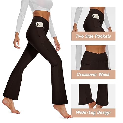 GAYHAY Flare Leggings for Women - Pockets Crossover Yoga Pants High Waist Tummy Control Bootcut Workout Flared Leggings Brown