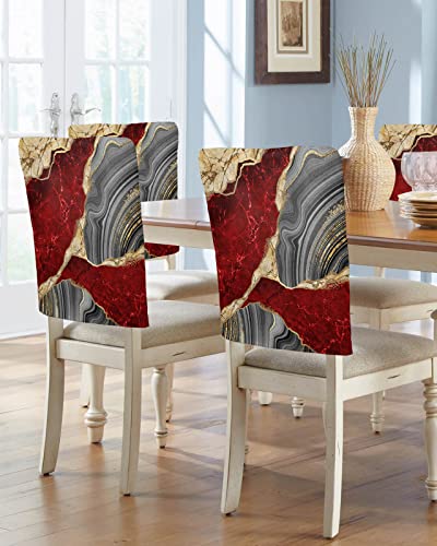 LOVE HOME DAY Abstract Chair Back Cover for Dining Room Set of 6 Burgundy Red Golden Gray Marble Kitchen Chair Protecter Slipcovers for Holiday Party,Weeding,Banquet,Events Modern Fluid