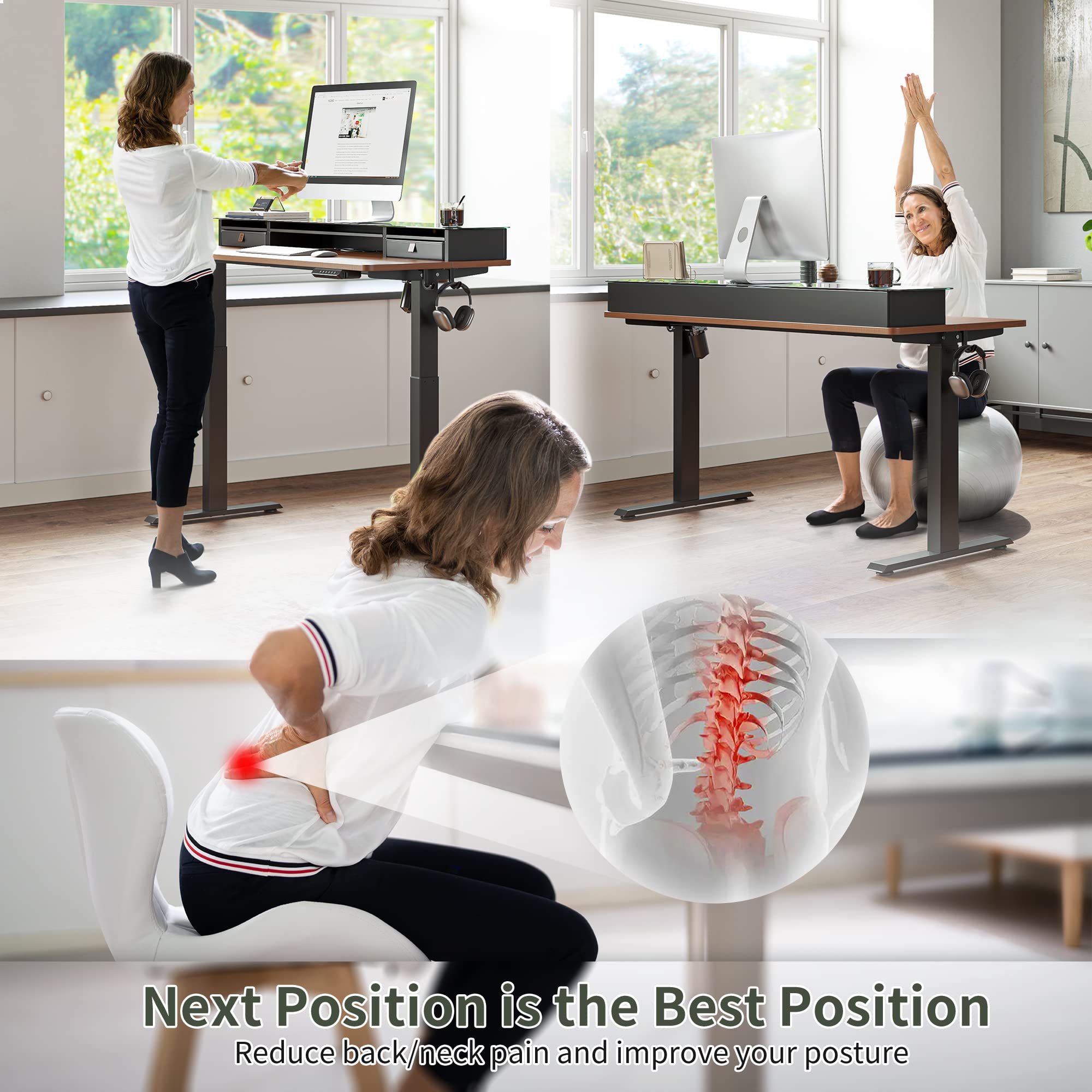 FEZIBO Electric Standing Desk with Glass Top Monitor Stand,48 x 26 Inch with File Cabinet