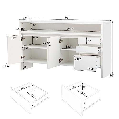60" Sideboard Storage Cabinet Modern MDF Buffet Cabinet with Double-Storey Tabletop, 3 Door & 3 Drawer Kitchen Pantry Cupboard Entryway Console Cabinet for Hallway Living Room