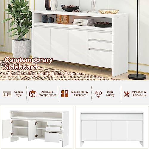 60" Sideboard Storage Cabinet Modern MDF Buffet Cabinet with Double-Storey Tabletop, 3 Door & 3 Drawer Kitchen Pantry Cupboard Entryway Console Cabinet for Hallway Living Room